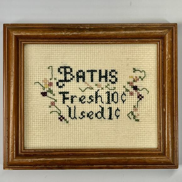 Handmade | Art | Vintage Finished Cross Stitch Needlepoint Bath Room ...